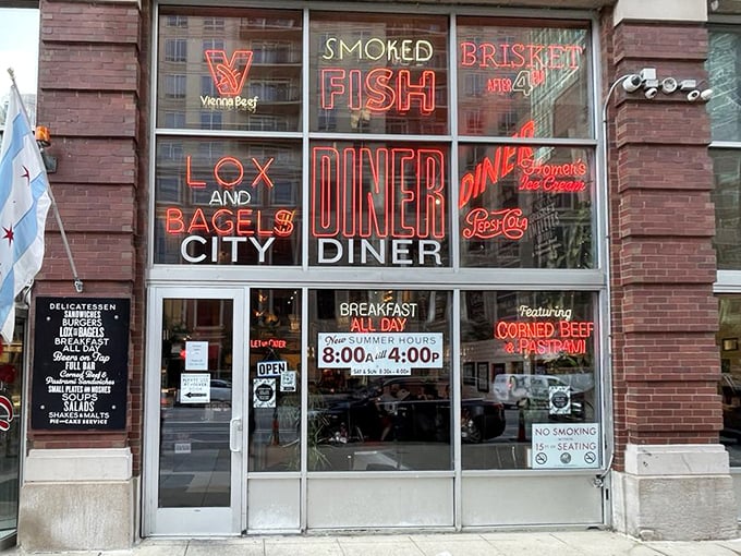 The exterior beckons with promises of "LOX AND BAGELS" and "BREAKFAST ALL DAY"—a sidewalk siren song no food lover can resist.