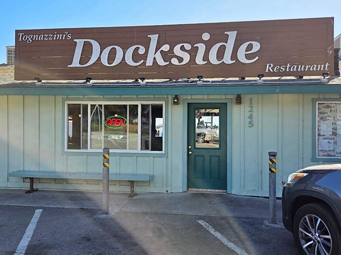 The unassuming exterior of Dockside Too – proof that the best seafood often comes from places that spend their money on quality ingredients, not fancy facades.