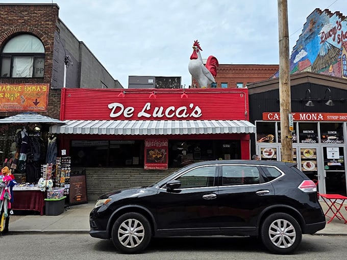 The Strip District wouldn't be complete without DeLuca's distinctive red awning and that watchful rooster standing sentinel.