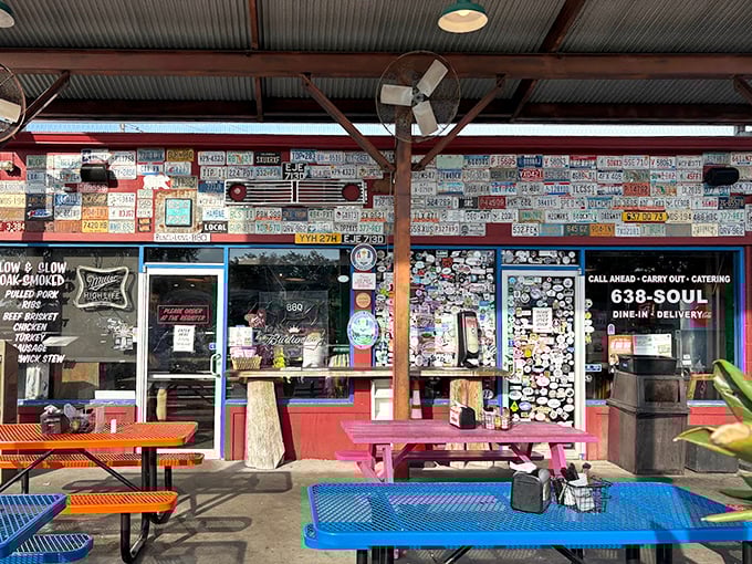The outdoor dining area—where strangers become friends united by the universal language of "Did you try the brisket yet?"