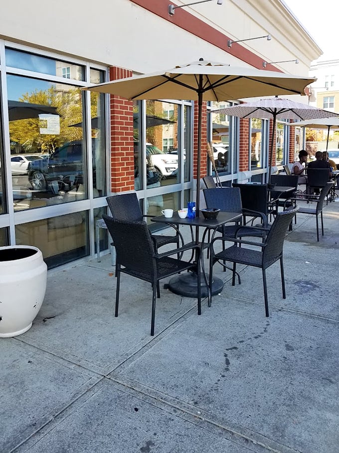 Outdoor seating where the Maryland sunshine makes everything taste better, especially when there's a breeze and a mimosa involved.
