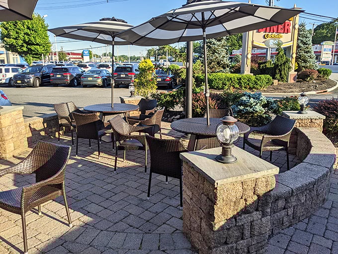 Outdoor seating that combines fresh air with people-watching possibilities. Those umbrellas aren't just for shade—they're for extending your coffee-and-pie moment into the afternoon.
