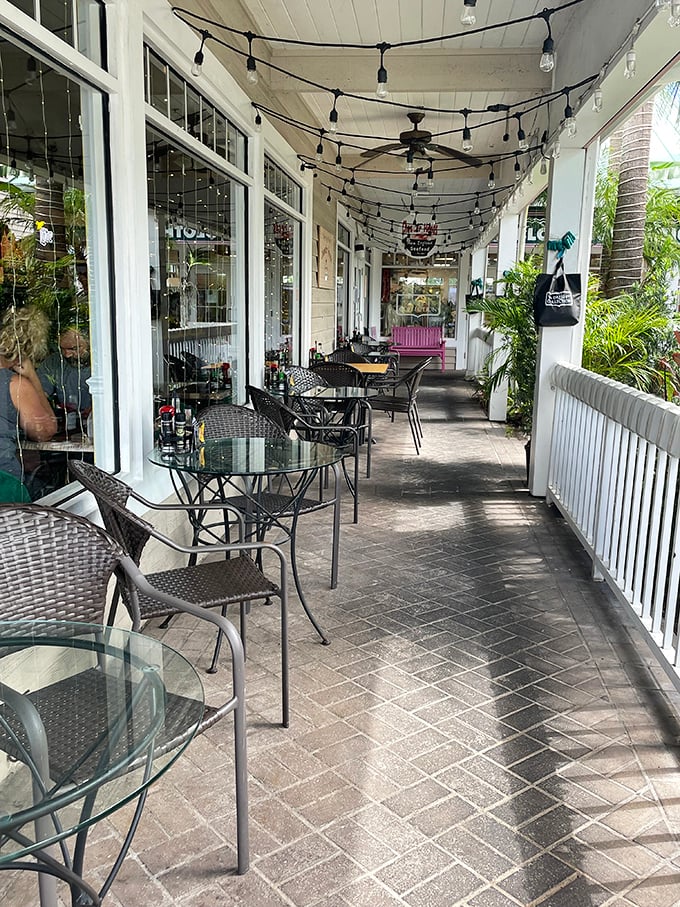 The charming porch seating area offers the best of both worlds—New England seafood with a side of Florida sunshine and swaying palms.
