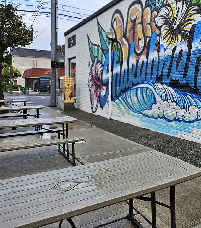 The colorful mural and outdoor seating area capture Shakabrah's beachy, laid-back spirit—a slice of surf culture in the Pacific Northwest.