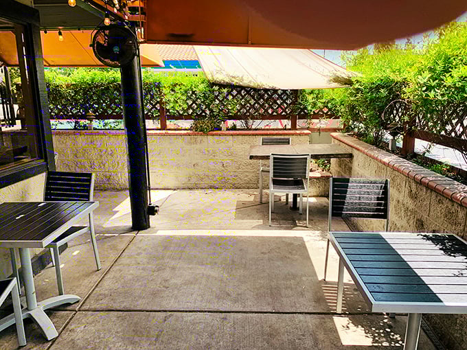 The sun-dappled patio offers a tranquil escape from Fresno's bustle—the perfect setting to contemplate life's big questions, like "Should I order another hot dog?"