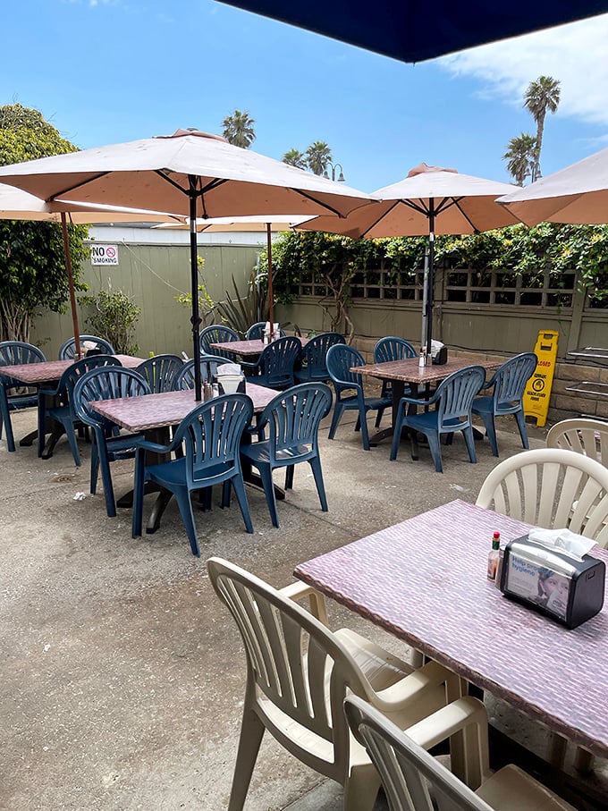 The outdoor seating area offers a peaceful retreat under canvas umbrellas. California dining as it should be—casual, breezy, and sun-kissed.