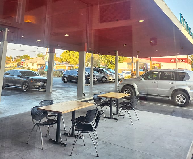 Outdoor seating where you can enjoy your burger with a side of California sunshine and classic Americana vibes.