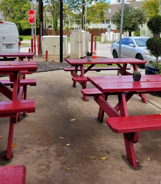 Outdoor seating for those brave enough to eat these burgers in full view of society.