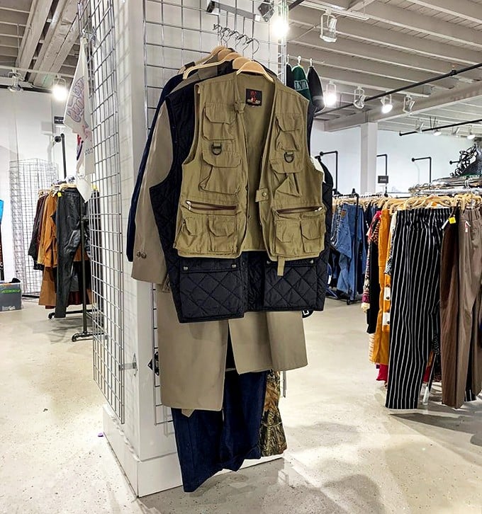 Utility meets fashion in this fishing vest display – because sometimes the most unexpected vintage pieces become your new wardrobe heroes.