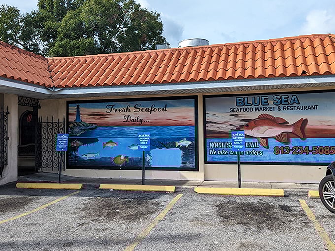 That mural promises "Fresh Seafood Daily" with the confidence of someone who knows the fishing boats on a first-name basis.