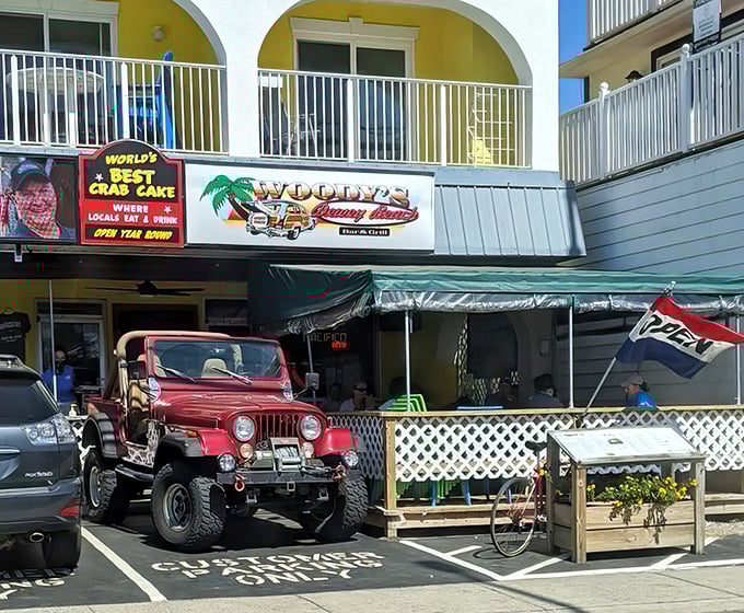 That vintage Jeep parked outside isn't just transportation—it's Woody's philosophy in vehicle form: rugged, reliable, and unmistakably coastal.