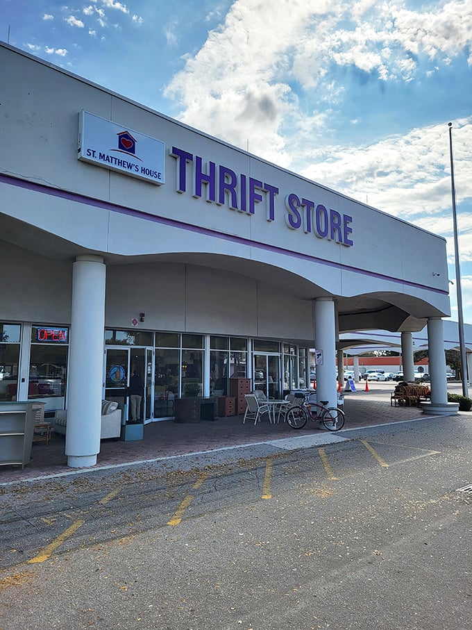 The iconic purple signage against Florida's perfect sky—a beacon for bargain hunters and philanthropic shoppers alike.