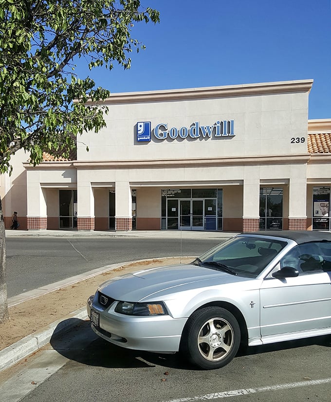 The exterior view with a car for scale—proof that you really should bring the bigger vehicle for your thrifting expedition.
