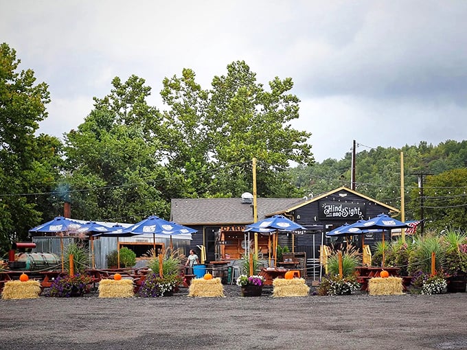 When fall meets smoke—seasonal decorations frame this barbecue oasis, proving great BBQ knows no season in Connecticut.