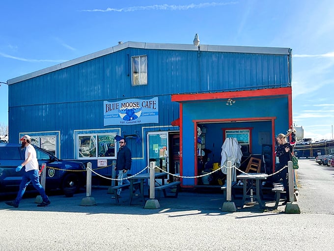 The blue building stands like a beacon of breakfast hope in Port Townsend – an unassuming exterior that houses morning magic worth traveling for.