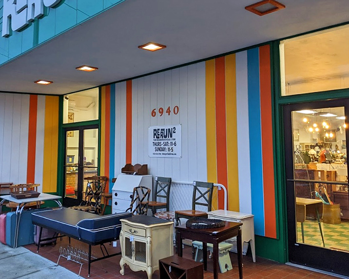 RERUN's outdoor furniture display proves that waiting for a friend can be stylish. Those colorful stripes are practically Portland's secondhand version of a welcome mat.