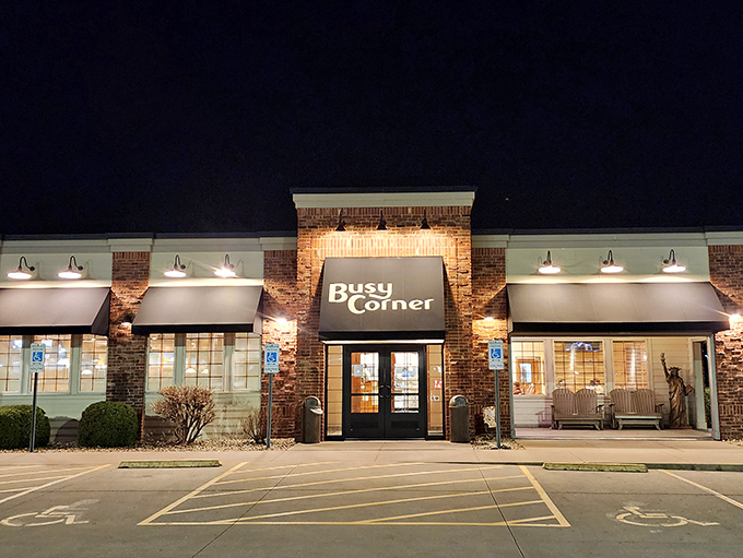 After dark, Busy Corner glows like a lighthouse for hungry travelers – a beacon of breaded tenderloin hope in the night.