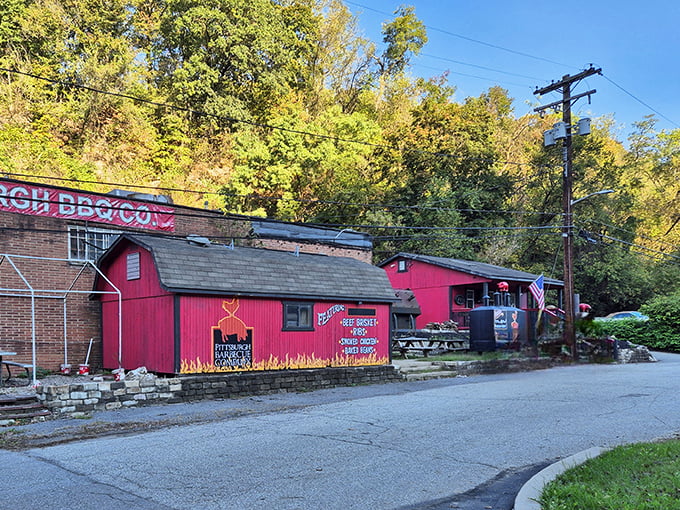 The whole operation looks like it was plucked from a barbecue dreamscape – red buildings, smoke, and the promise of meat that's been treated with respect.