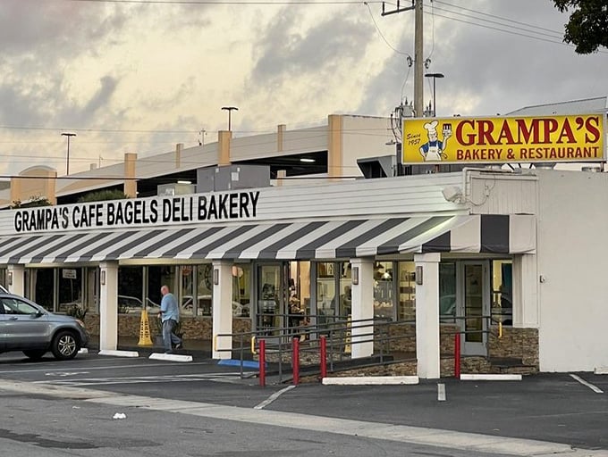 As dusk approaches, Grampa's continues to shine like a beacon for the hungry. The yellow sign promises salvation for empty stomachs.