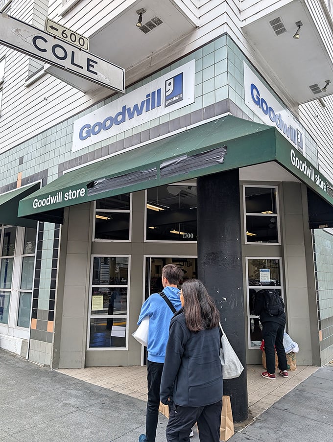 The entrance to possibility, where San Franciscans from all walks of life converge. Two shoppers prepare to embark on their treasure-hunting expedition.