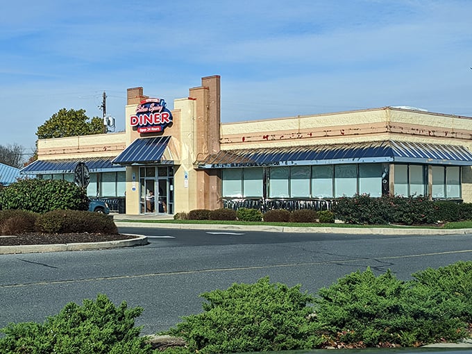 The exterior view on a sunny day—when the diner looks like it's posing for its glamour shot. Architectural curb appeal that says "pull over now."