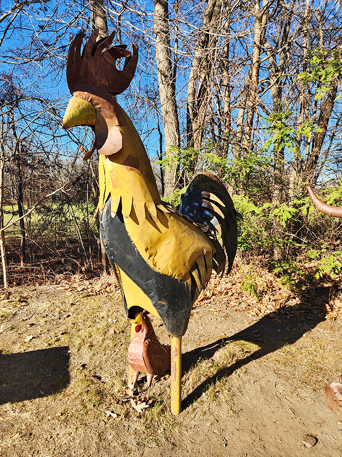 Even the outdoor décor has personality—this metal rooster stands proud, as if announcing "Wake up! The best breakfast in Connecticut awaits inside!"