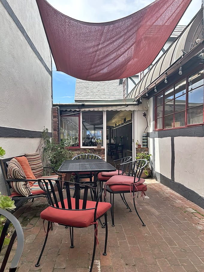 The sheltered patio offers a quiet corner of Danish-California tranquility, where pastries can be enjoyed while contemplating life's sweetest mysteries.