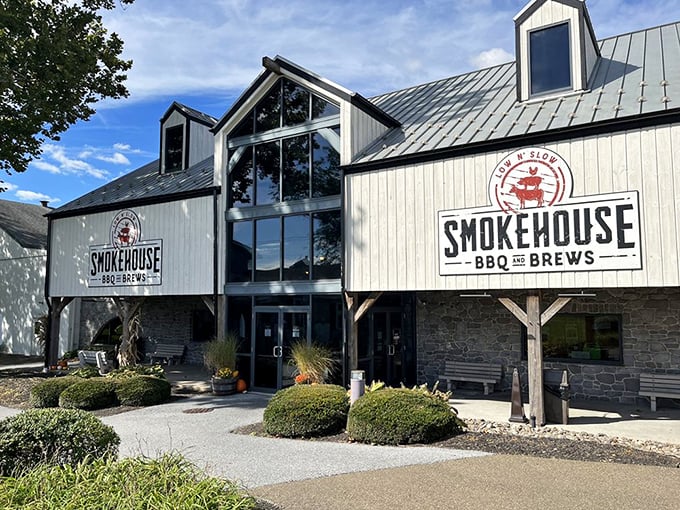 The exterior view doesn't scream "barbecue joint" – it whispers it with the confidence of a place that lets its smoke do the talking.