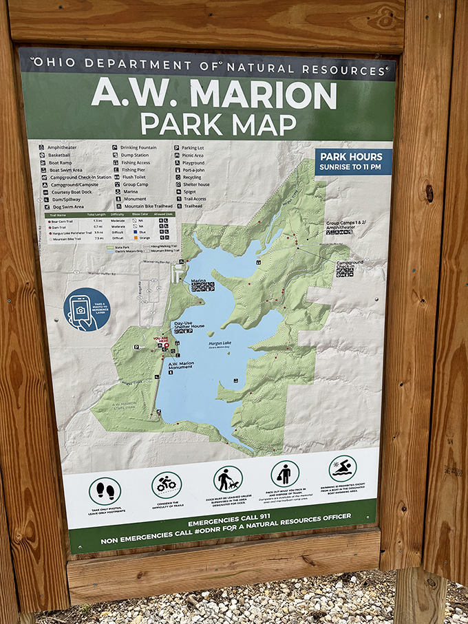 The park map reveals Hargus Lake's distinctive shape – like a prehistoric creature taking a nap in the heart of Ohio.