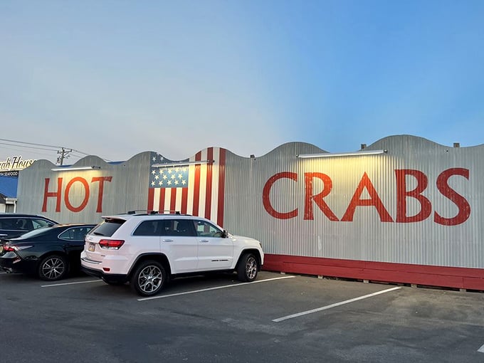 The exterior wall boldly proclaims what you're here for—HOT CRABS—no fancy marketing needed when the product speaks for itself.