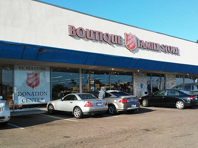 The parking lot—first stop on your thrifting adventure and last chance to wonder if your trunk has room for that unexpected furniture find.