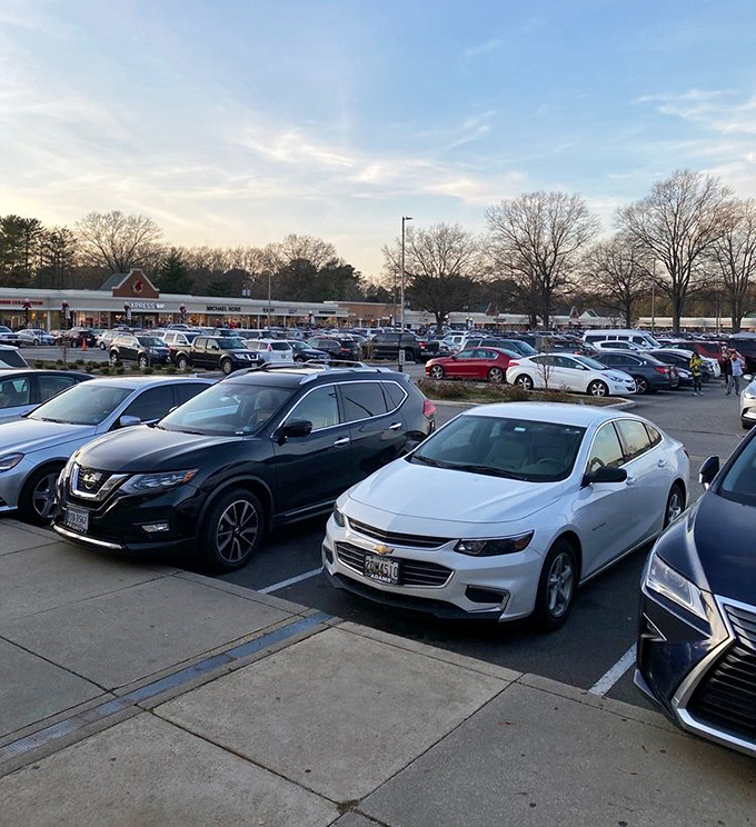 The parking lot at dusk—a sea of cars belonging to victorious shoppers. Each vehicle contains bags of triumph and wallets that somehow don't feel lighter.