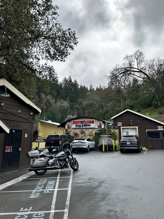 Even on cloudy days, Buster's parking lot fills with vehicles of BBQ pilgrims who know that great smoke requires no sunshine—just patience and skill.