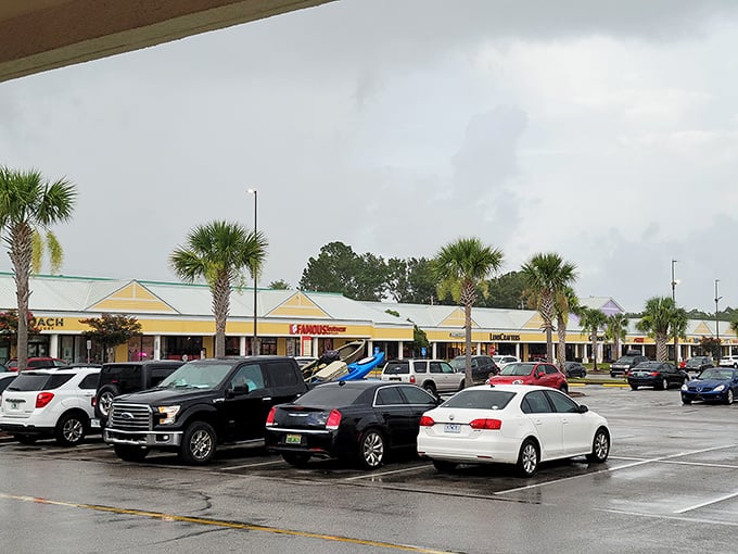 The parking lot after a rain shower—where finding your car becomes the final challenge in the day-long shopping Olympics.