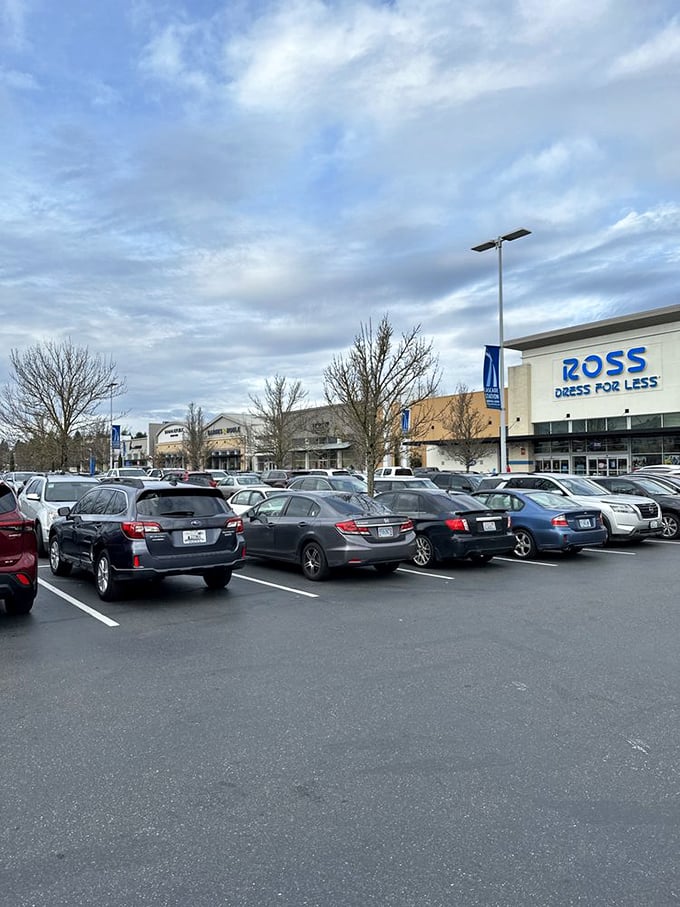 The parking lot on a good day—a rare sight that brings more joy to Oregonians than outsiders could possibly understand. No umbrella needed!