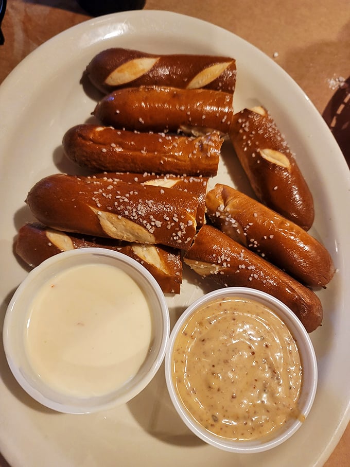 Warm pretzel sticks with dipping sauces—because sometimes you need a little carb-loaded intermission between seafood acts in this delicious show.