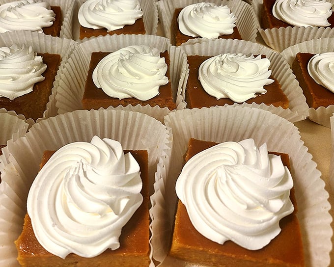 Pumpkin squares topped with perfect swirls of cream—autumn's answer to the question "What's for dessert?" that nobody can resist.