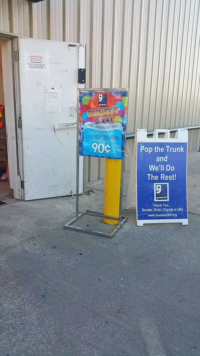 The "Blowout Sale" sign promises items for just ninety cents—that's less than most people's daily coffee habit.