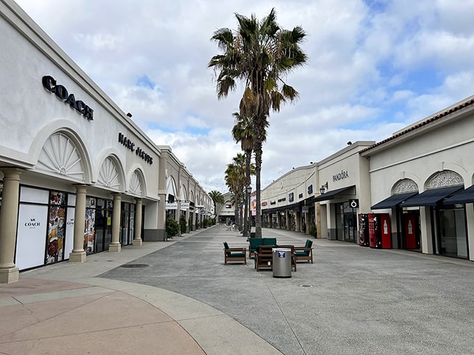 The serene walkway between Coach and Pandora – the calm before the shopping storm where benches offer brief sanctuary.
