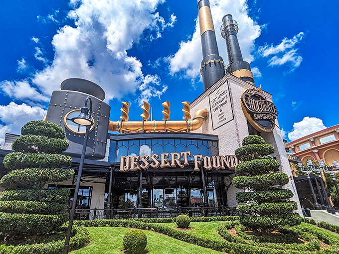 The "Dessert Foundry" sign promises industrial-strength sweetness. Like a chocolate factory designed by someone who read too many Victorian science fiction novels.