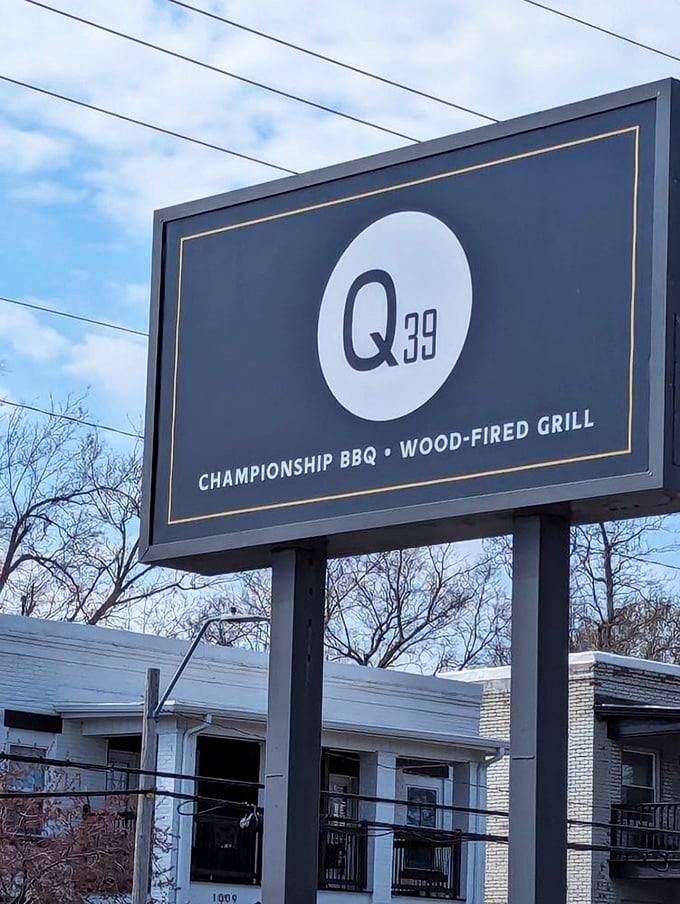 The roadside sign announces "Championship BBQ" without exaggeration – a bold claim in Kansas City that Q39 backs up with every smoky bite.