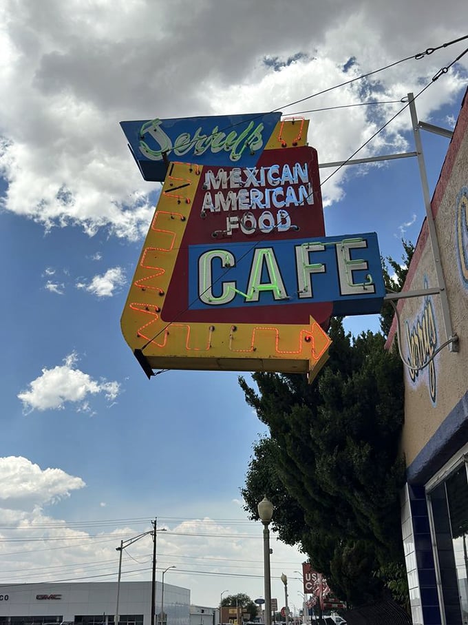Jerry's colorful retro sign stands proud against the New Mexico sky, announcing Mexican American food that delivers on every delicious promise.