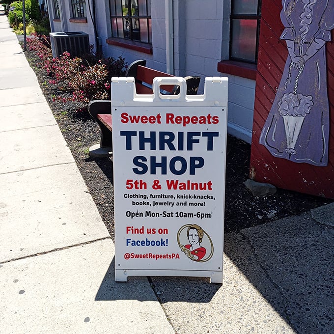 The sidewalk sentinel announces Sweet Repeats' treasures to North Wales passersby. Those business hours (10am-6pm Monday-Saturday) should be committed to memory.