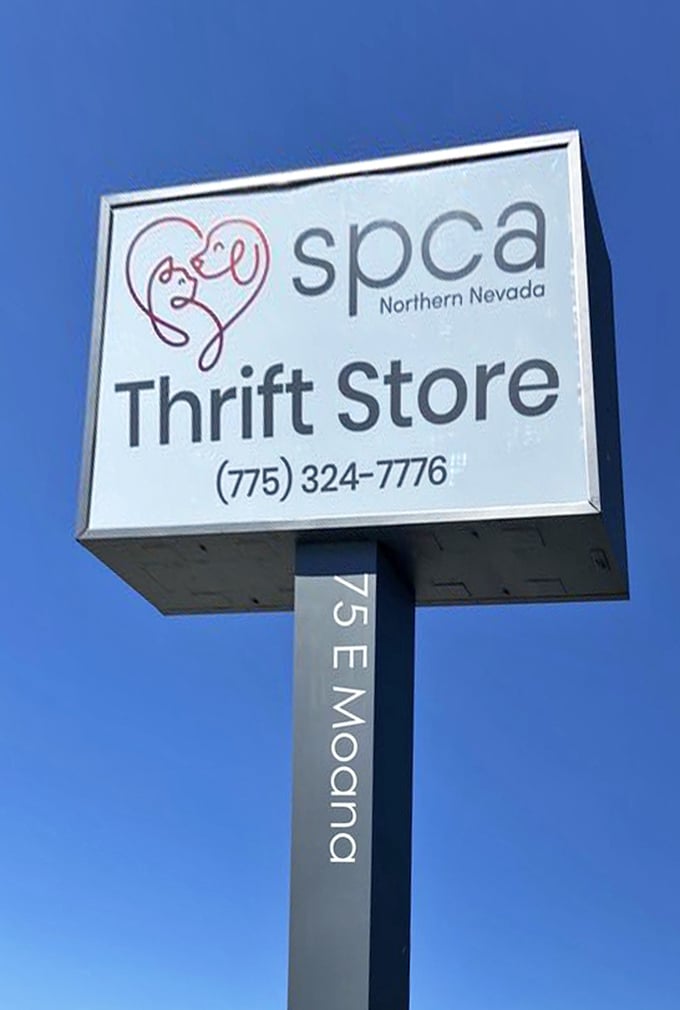 The sign stands tall against Nevada's blue sky – a beacon for bargain hunters and animal lovers alike.