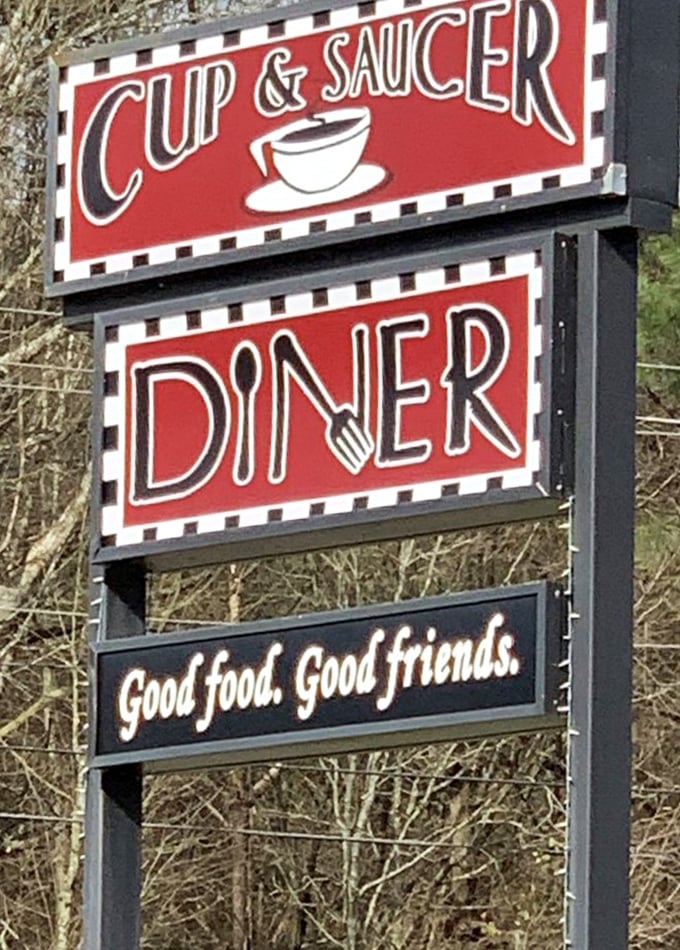 The promise on the sign says it all: "Good food. Good friends." Six simple words that Cup & Saucer delivers on with every single plate.