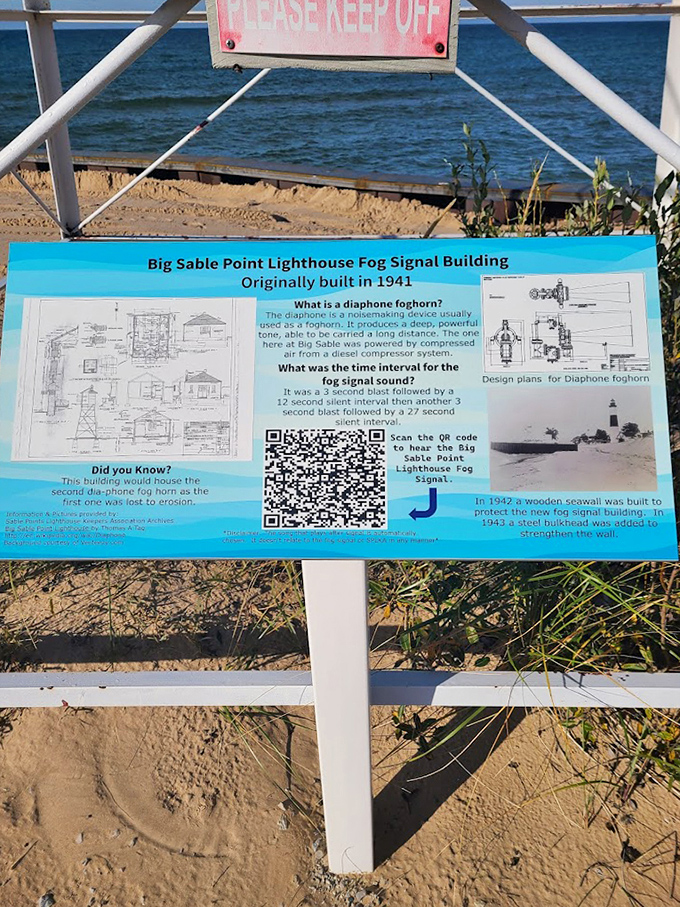 This informational sign about the fog signal building reminds us that lighthouses weren't just about light—they were full sensory warning systems.