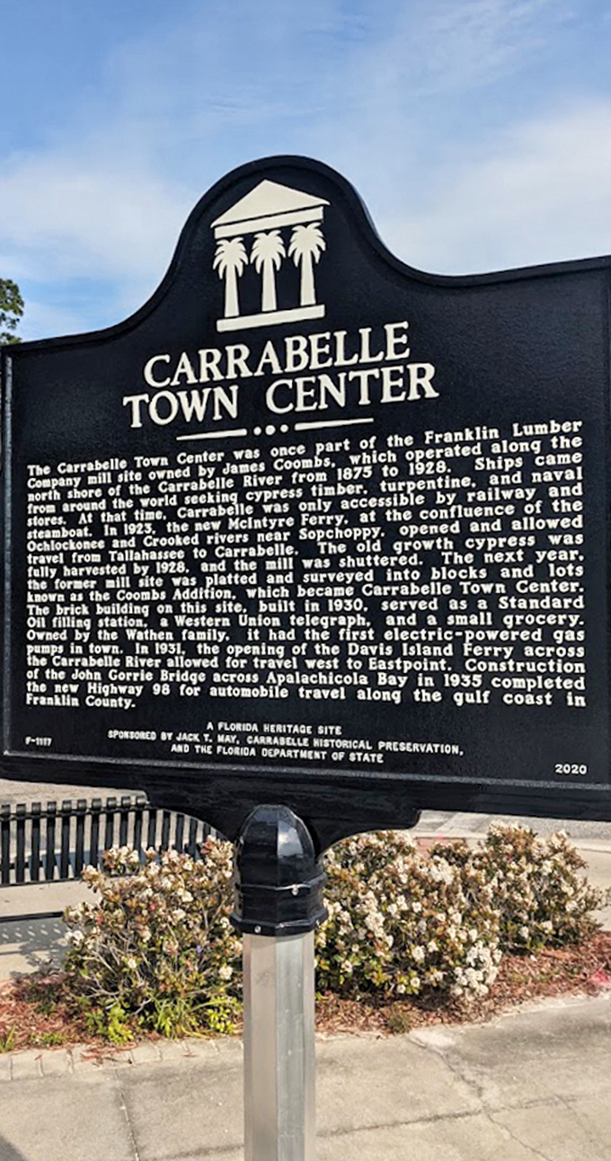 Carrabelle's rich history extends beyond tiny police stations, as this town center sign reveals the community's fascinating lumber legacy.