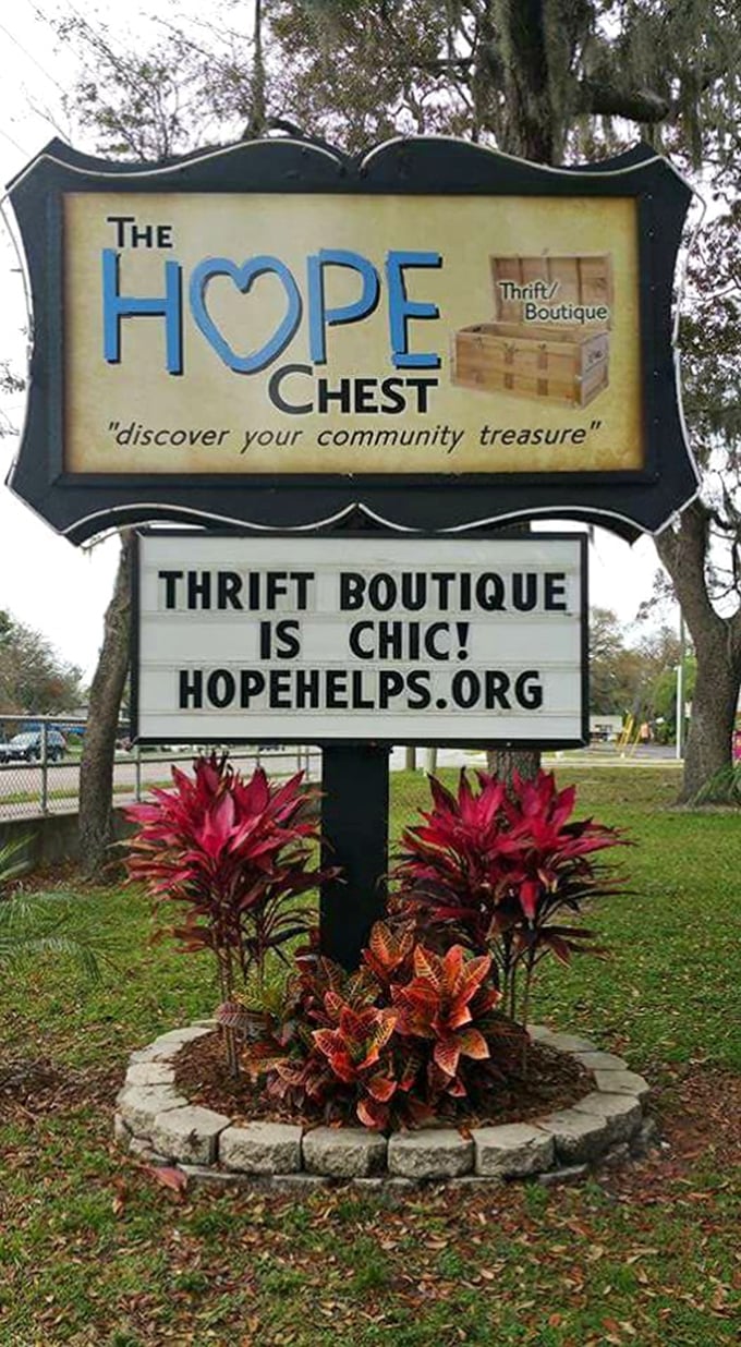 "Thrift Boutique is Chic!"—the sign says it all, surrounded by tropical plants as vibrant as the bargains waiting inside.