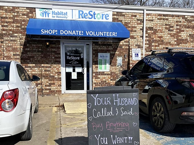 The sign says it all—shopping permission granted by absent spouses is the thrift store equivalent of finding money in your pocket.