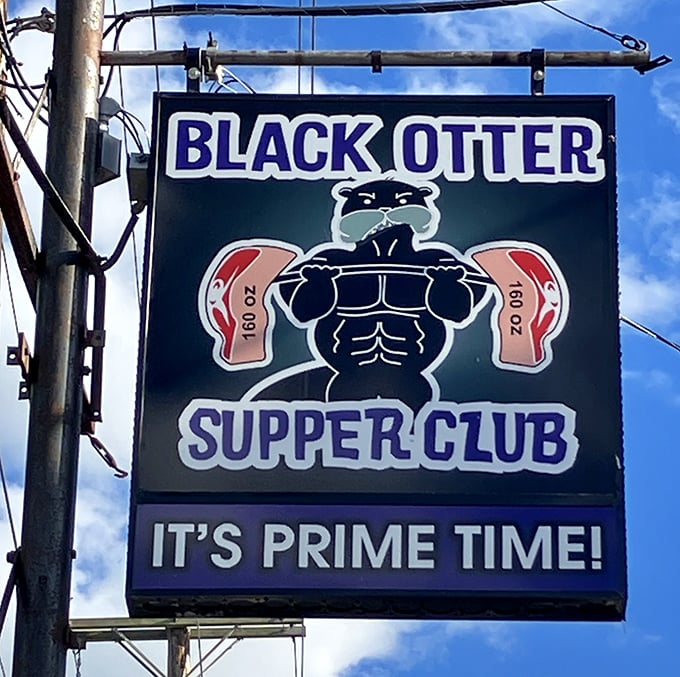 The sign says "It's Prime Time!" and that muscular otter isn't kidding – a promise of meaty delights that's impossible to resist.